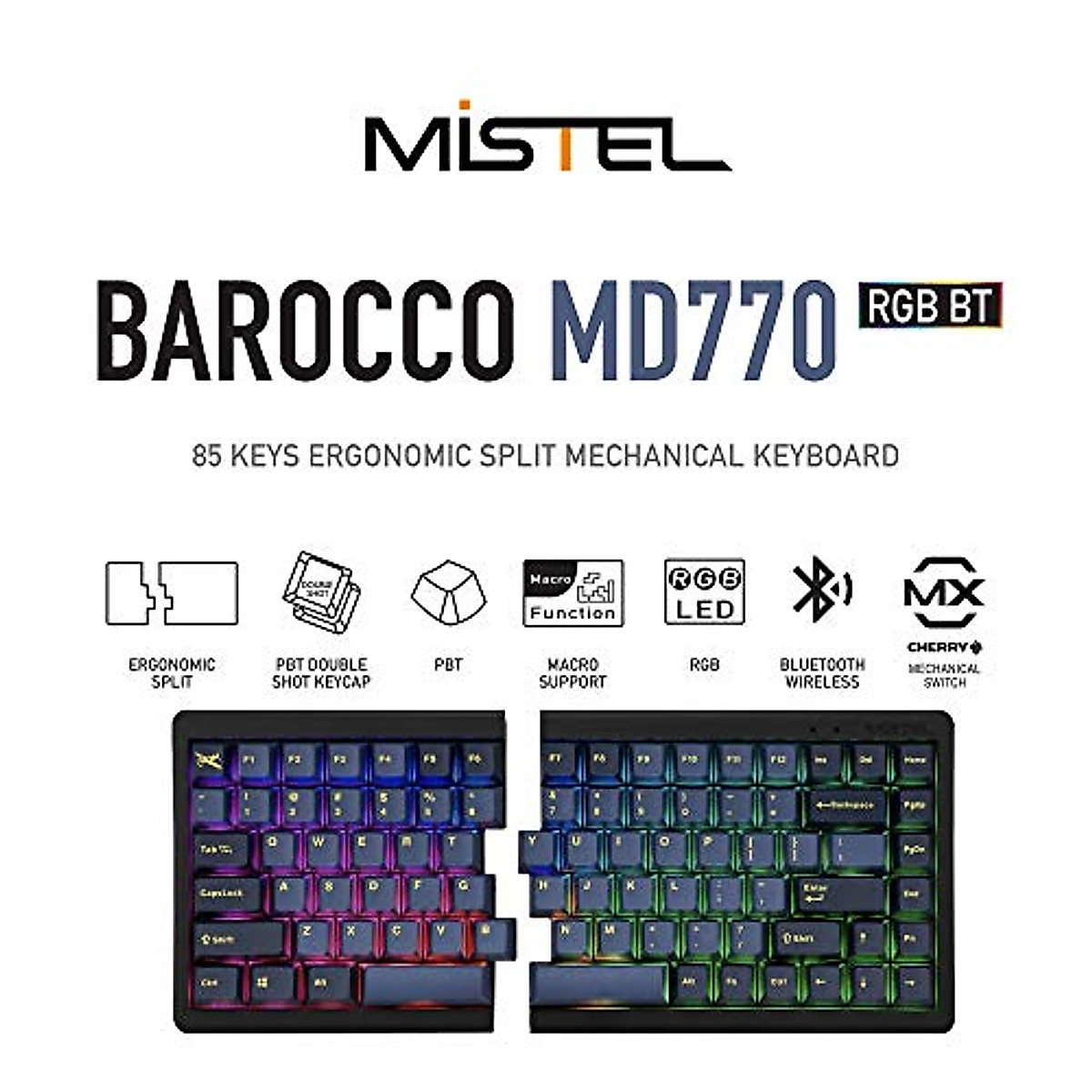 Mistel BAROCCO MD770 RGB Wireless Split Mechanical Keyboard, TKL Ergonomic Gaming Keyboard 85 Keys (Cherry MX Red Switches, Linear Lighter)