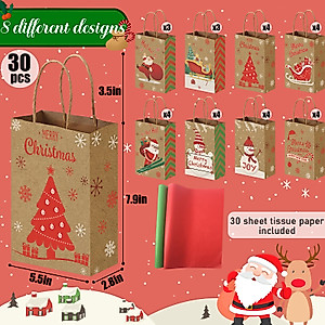 VGOODALL 30PCS Christmas Treat Bags with Tissue Paper, Kraft Paper Gift Bags with Handle Christmas Goodie Bags for Christmas Party Favors Gift Exchange