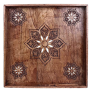 Mela Artisans TV Ottoman Wooden Serving Tray - Medium Polish | Decorative Mango Wood | Rustic Farmhouse Decor | Use to Serve Breakfast in Bed | Transports Food, Coffee and Tea | 19" x 19” x 2.5”