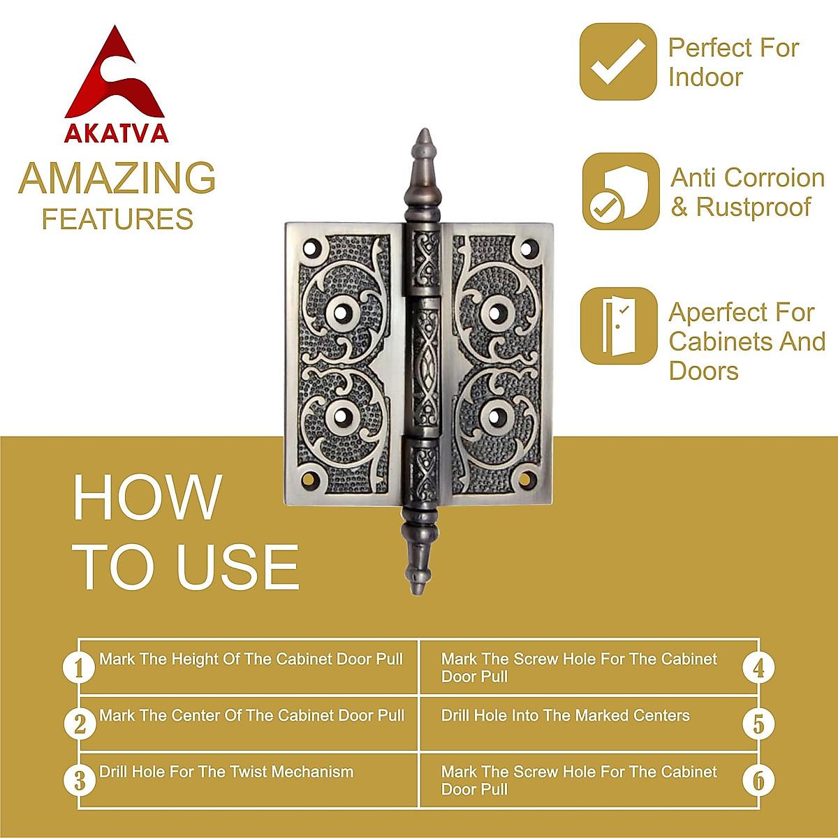 Akatva 164mm x 101mm x 12mm Brass Decorative Hinge Set - 1 Piece Gate Hinges for Wooden and Metal Fences, Doors, Cabinets - Brass Ball Bearing Hinge Hardware Kit - Antique Brushed Nickel Finish