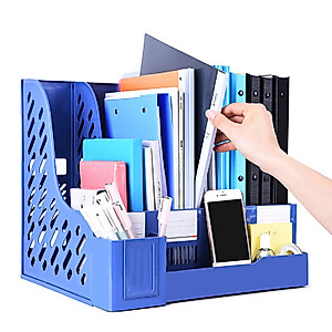 4 Compartments Storage Organiser Box Magazine File Holder, Sturdy Plastic Desk Organizers and Storage File Folder for Office Organization, Binder Organizer with