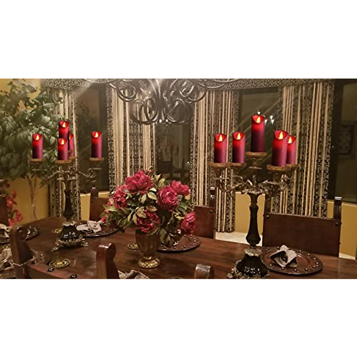 Kitch Aroma Burgundy Red Glitter Flickering Flameless Candles Set of 5(H 5"/5.5"/6"/7"/8" xD 2.2") Christmas Red Powder Candle Fllickering Flameless Candles Home Decor