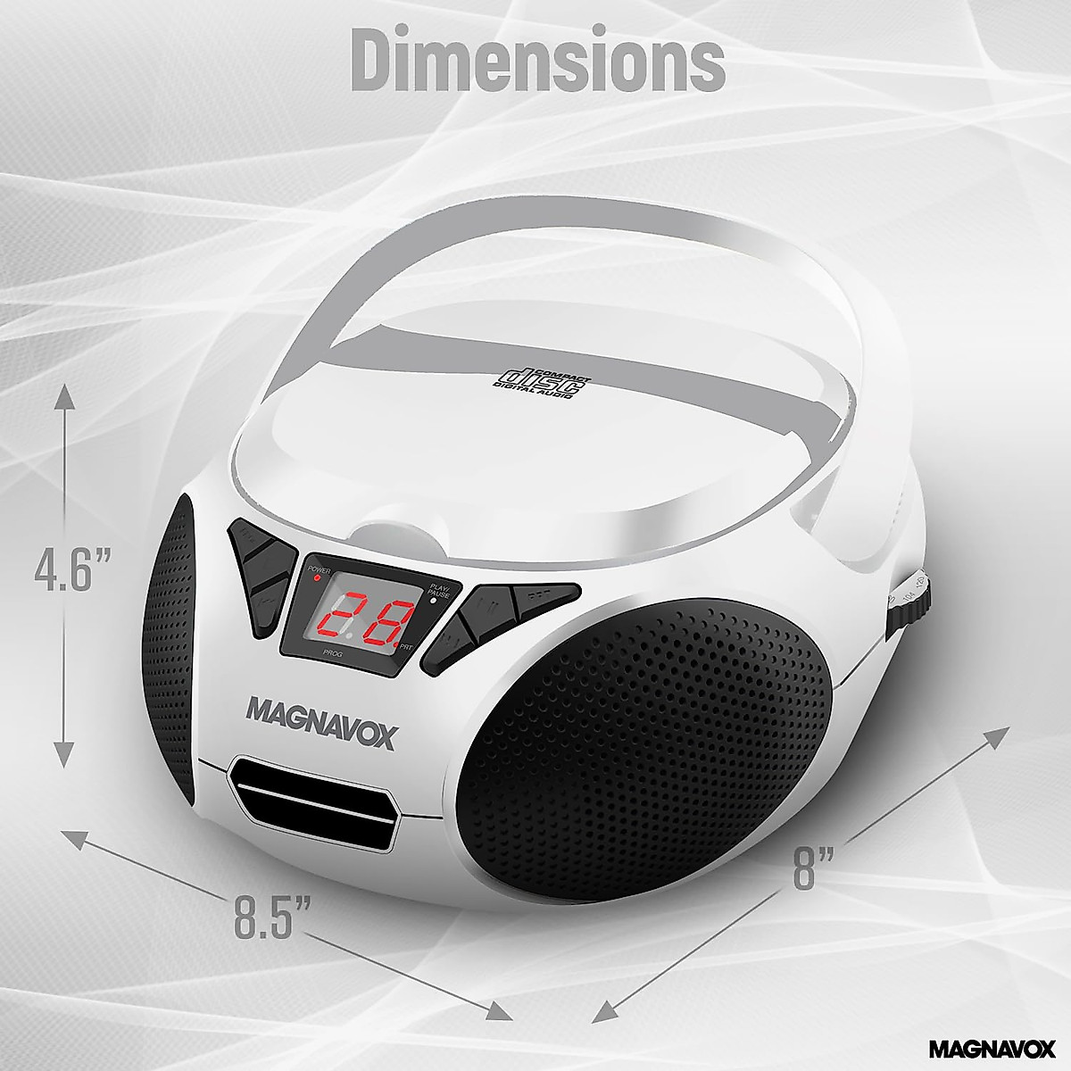 Magnavox MD6924 Portable Top Loading CD Boombox with AM/FM Stereo Radio in Black | CD-R/CD-RW Compatible | LED Display | AUX Port Supported | Programmable CD Player | (White)