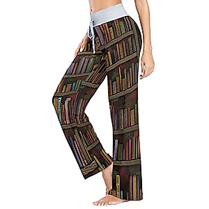 Aeoiba Women's Pajamas Comfy Pajama Lounge Pants Vintage Library Bookshelf Bookcase Book Drawstring Wide Leg Palazzo Pants, Large