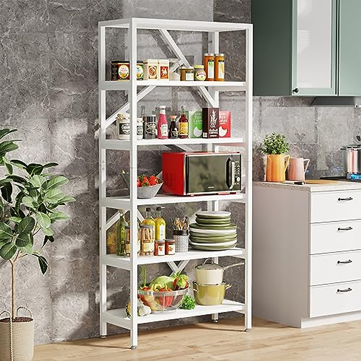Tribesigns 71 Inch Industrial Bookshelf, 6 Shelf Etagere Bookcase, Freestanding Open Book Shelves Storage Display Shelf, Wood Shelving Units Organizer Rack for Home Office Living Room, White