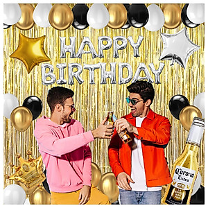 Golden Birthday Decorations Kit for Women 66 Pieces, Happy Birthday Banner, Fringe Curtains, Foil Balloons for 13th 16th 20th 21st 30th 35th 50th 60th Girls Boys Party Supplies