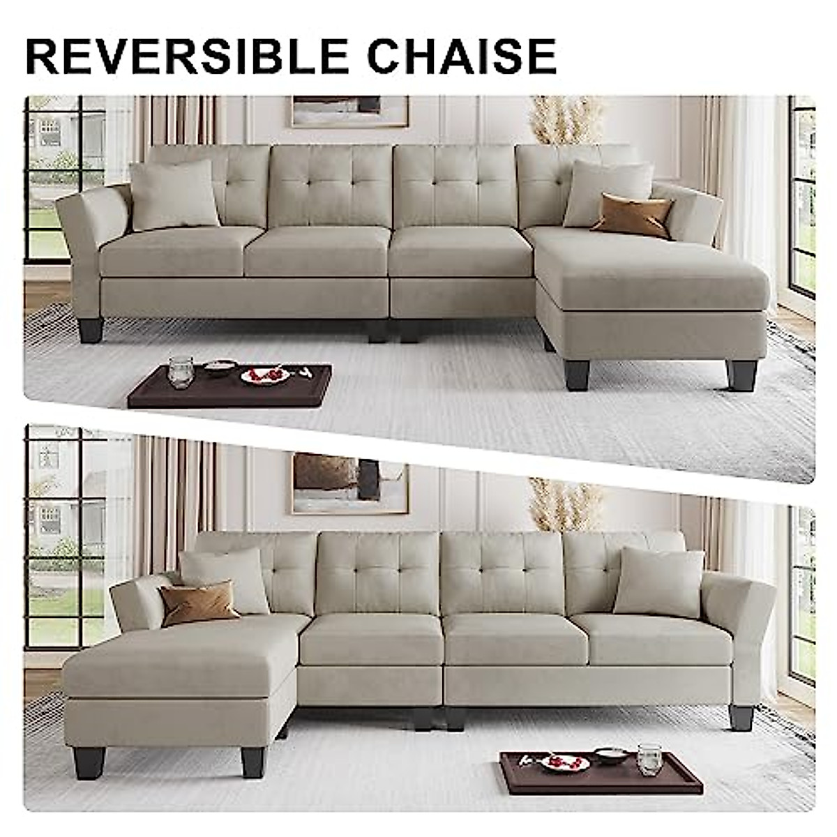 Belffin Convertible Sectional Couch Velvet L Shaped Sofa 4 Seat Sofa with Chaise L-Shaped Couches Reversible Sectional Sofa (Light Grey, L Shaped Couch)