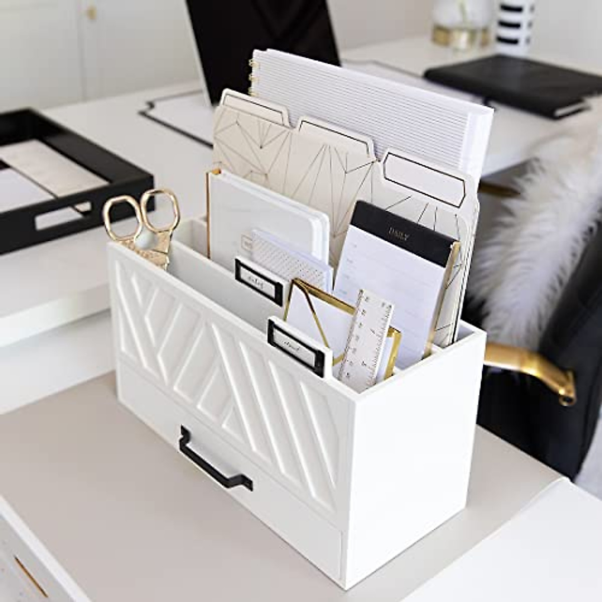White Mail Organizer - Desktop Mail Holder - Office Desk Organizers Storage with Drawer - Paper File Folder Desk Organization - Desk Accessories & Workspace Organizers by Blu Monaco