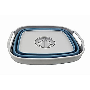 SAMMART 7.5L (2 Gallons) Collapsible Dishpan with Draining Plug - Foldable Washing Basin - Portable Dish Washing Tub - Space Saving Kitchen Storage Tray (Grey/Steel Blue, 1)