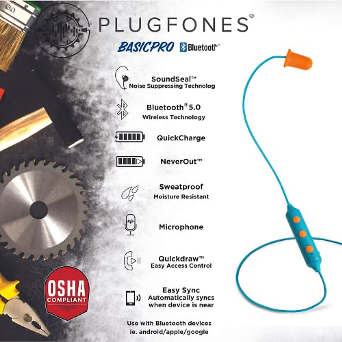 Plugfones Basic Pro Wireless Bluetooth in-Ear Earplug Earbuds - Noise Reduction Headphones with Noise Isolating Mic and Controls (Blue & Orange)