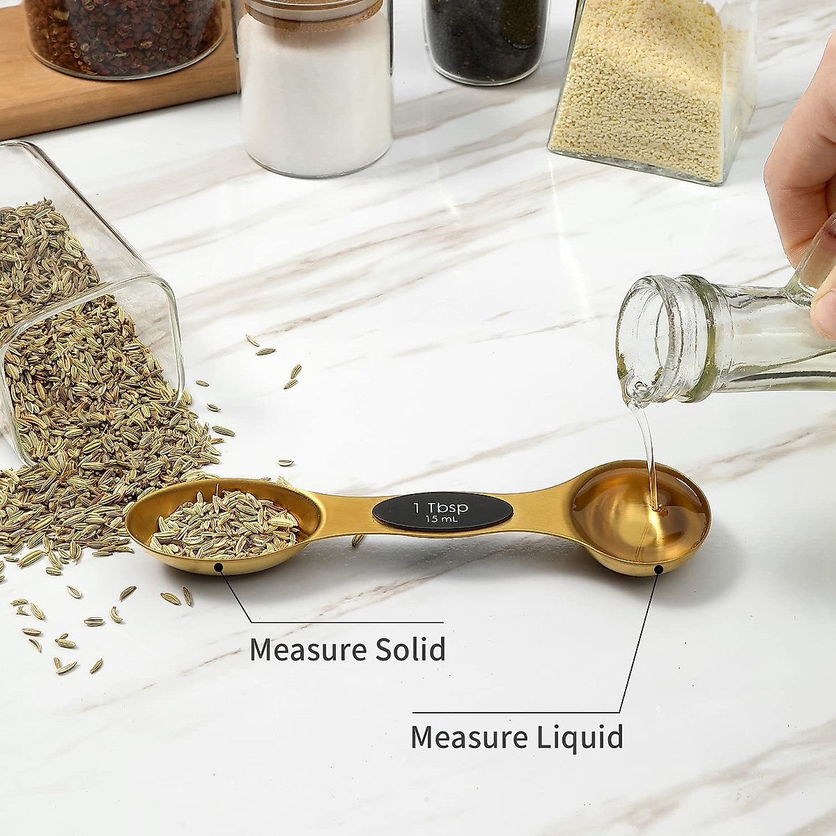 TLQSM Magnetic Measuring Spoons Set, Stainless Steel, Dual Sided, Stackable, Dual Sided for Measuring Dry and Liquid Ingredients, Fits in Spice Jars, Set of 8（Gold ）
