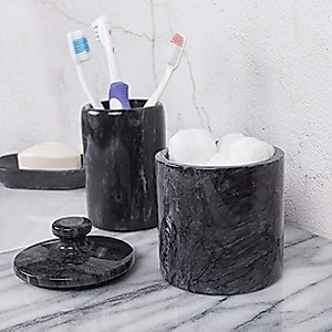 Creative Home Natural Black Marble SPA Collection Cotton Ball Swab Holder, Bathroom Makeup Storage Jar Container Organizer, 3.8" Diam. x 5.2" H, Black