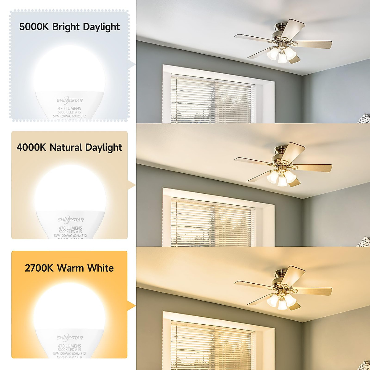 SHINESTAR 8-Pack Ceiling Fan Light Bulbs, Small Base, 120V 40W Equivalent, 5000K Daylight, E12 LED Candelabra Bulb, Non-Dimmable