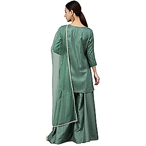 Janasya Indian Women's Mint Green Chinon Foil Print Kurta with Flared Palazzo and Dupatta(SET530-KR-PP-A-XXL)