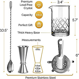 MOFADO Crystal Cocktail Mixing Glass Set - 4 Piece - 18oz 550ml - Thick and Sturdy Bottom, Durable Crystal Mixing Glass, Spoon, Jigger, Strainer - Beautiful Gift