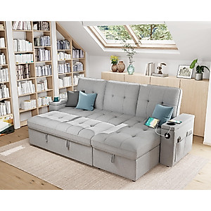 VanAcc Sofa Bed, Modern Tufted Convertible Sleeper Sofa, USB Charging Ports & Cup Holders, Pull Out Couch Bed with Storage Chaise, Chenille Couches for Living Room (Light Grey), 84in x 52in x 36in