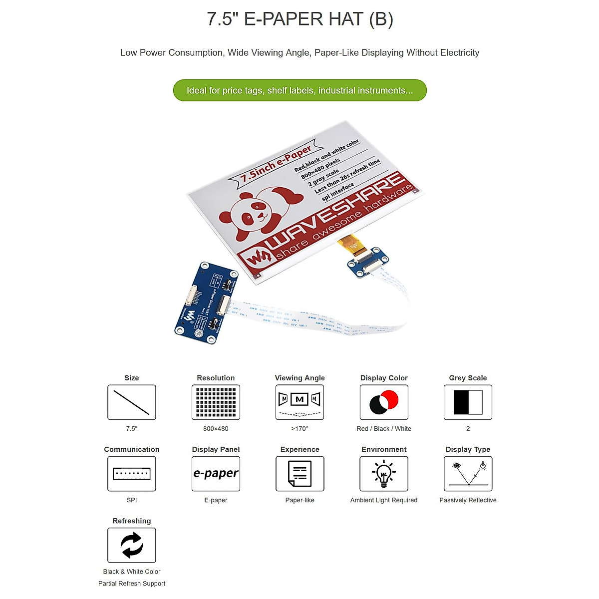 New 7.5 inch E-Ink Display e-Paper HAT (B) Three-Color Resolution 800×480 SPI Interface for Raspberry Pi 4 3 2 Zero W WH Jetson Nano @XYGStudy