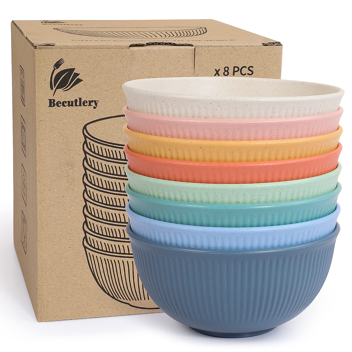 becutlery Reusable Bowls Set Unbreakable Cereal Bowls,24 OZ Wheat Straw Fiber Lightweight Bowl Sets 8, Microwave and Dishwasher Safe,Use for Ramen, Soup, Salad -Multi Color