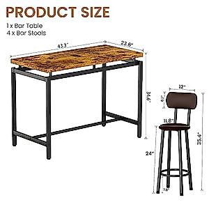 Recaceik Dining Table Set for 4 Bar Kitchen Table and Chairs for 4, Counter Height Dinner Table with 4 PU Leather Upholstered Backrest Stool, Dining Room Breakfast Table Set for Apartment