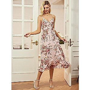 SheIn Women's Tropical Print Wrap Belted Maxi Dress V Neck Sleeveless Flowy Long Dresses Pink Tropical Floral Large