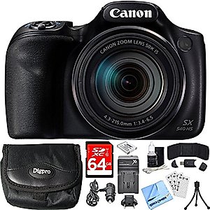 Canon PowerShot SX540 HS 20.3MP Digital Camera with 50x Optical Zoom Red Bundle with 64GB Memory Card, Rechargeable Battery, Battery Charger, Camera Bag and Table-top Tripod (Renewed)