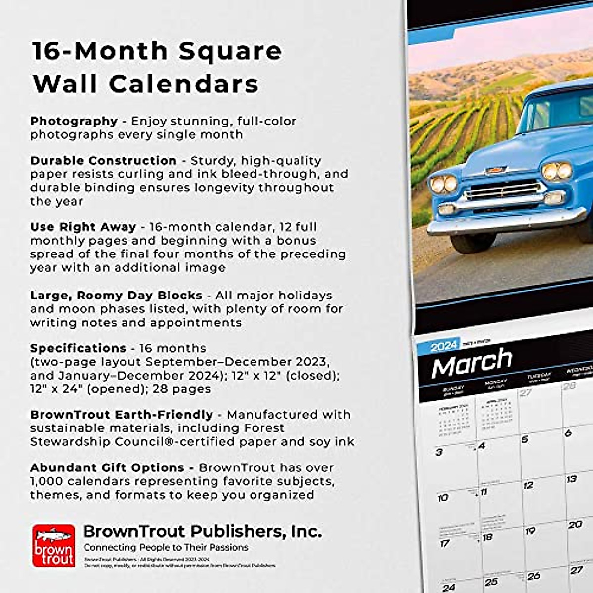 Classic Chevy Pickups OFFICIAL | 2024 12 x 24 Inch Monthly Square Wall Calendar | Foil Stamped Cover | BrownTrout | Chevrolet Motor Truck