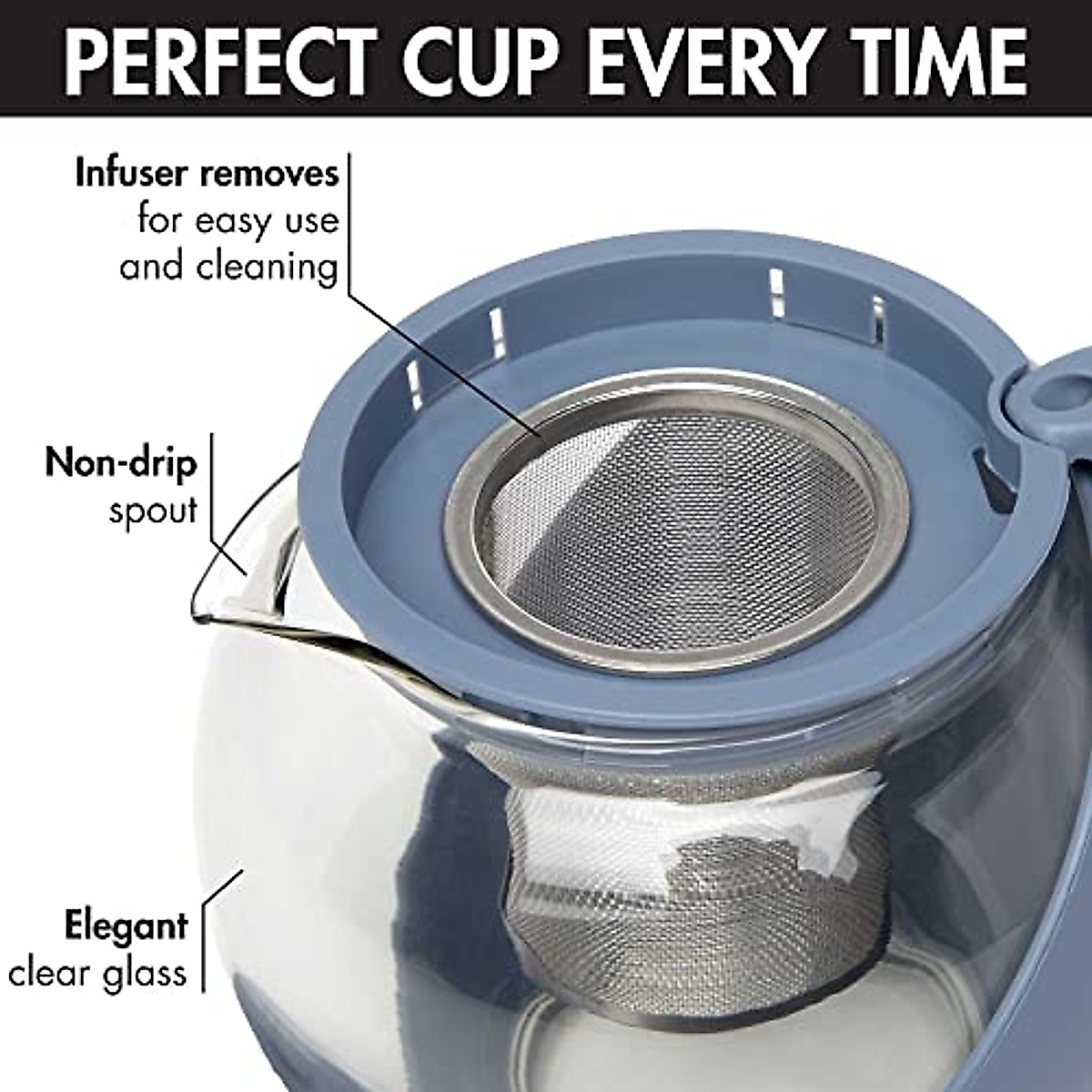 Primula Half Moon Teapot with Removable Infuser, Glass Tea Maker with Reusable Fine Mesh Stainless Steel Filter, Dishwasher Safe, 40-Ounce, Blue