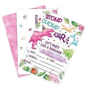 WERNNSAI 20 Sets Watercolor Dinosaur Party Invitation with Envelopes - Fill-in Invitations Cards for Girls Dinosaur Birthday Party Supplies Baby Shower Invites Double-Sided Printed T-Rex Cards