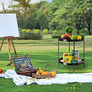 danpinera Black Side Table, 2 Tier Removable Tray Imitation Rattan Table for Living Room, Small Round Table for Bedroom, Small Metal Table for Nightstand 20.47 Inch x 16.54 Inch