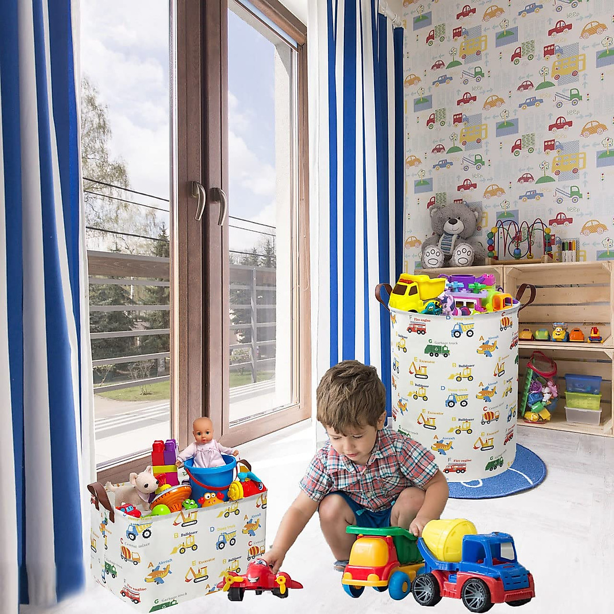 Essme Rectangular Kids Basket,Car Storage Baske with Handles for Boys Room Decor,Monster Truck Basket,Shelf Basket,Gift Basket.(Vehicles)