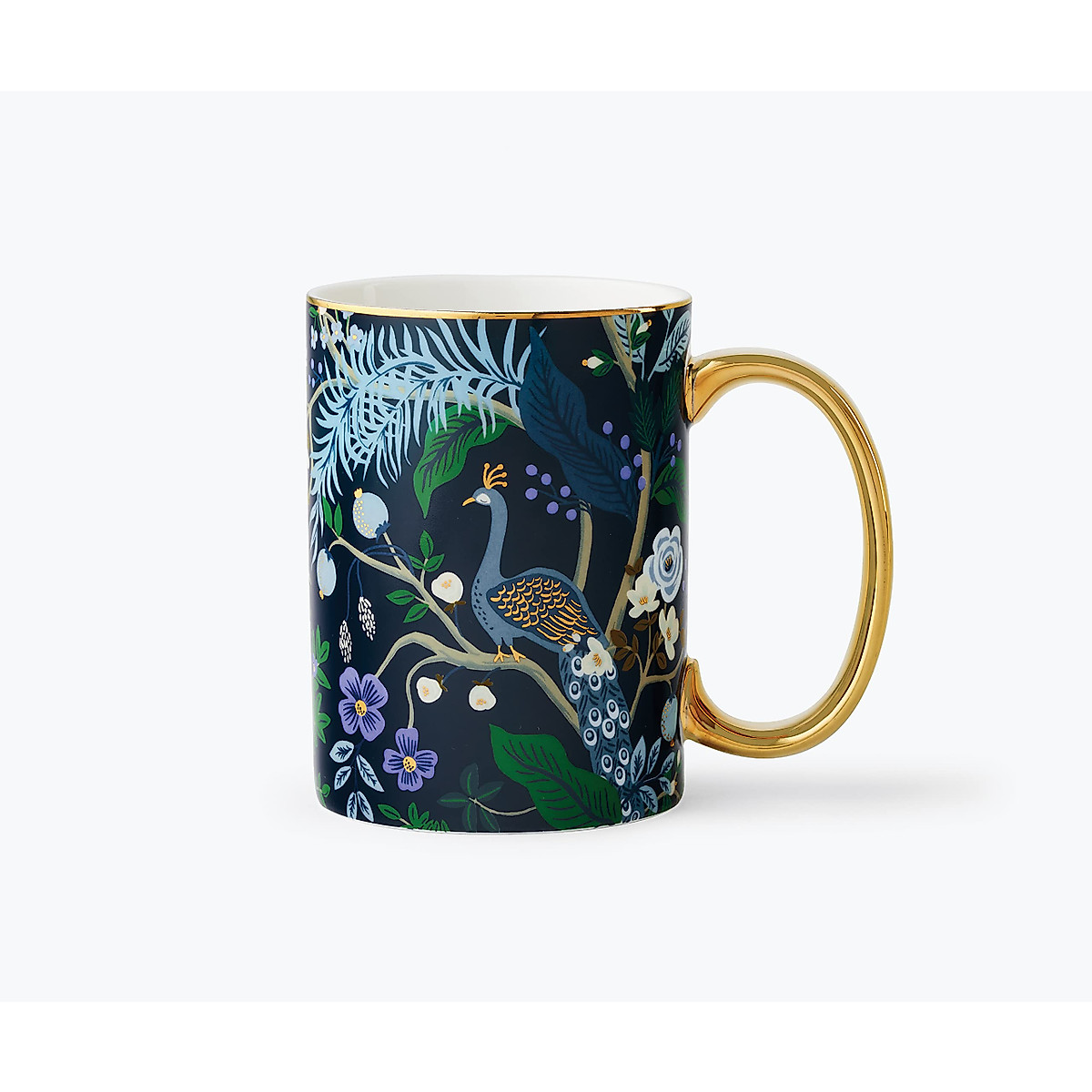 RIFLE PAPER CO. Peacock Porcelain Mug - Porcelain 16 OZ Mug, Full-Color Illustration with Metallic Gold Accents, 4.5" L x 3.125" W, Deep Midnight Blue with Gilded Rim and Handle