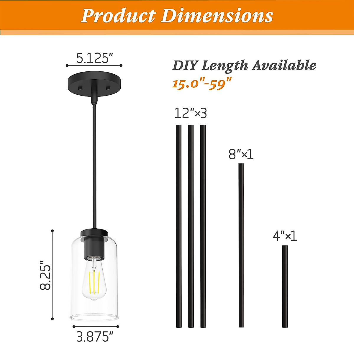 Zevluck 2-Pack Pendant Light, Matte Black Pendant Lighting with 5 Adjustable Tubes, Hanging Light Fixtures with Clear Glass Shade, Tiltable Pendant Lighting for Kitchen Island, Dining Room