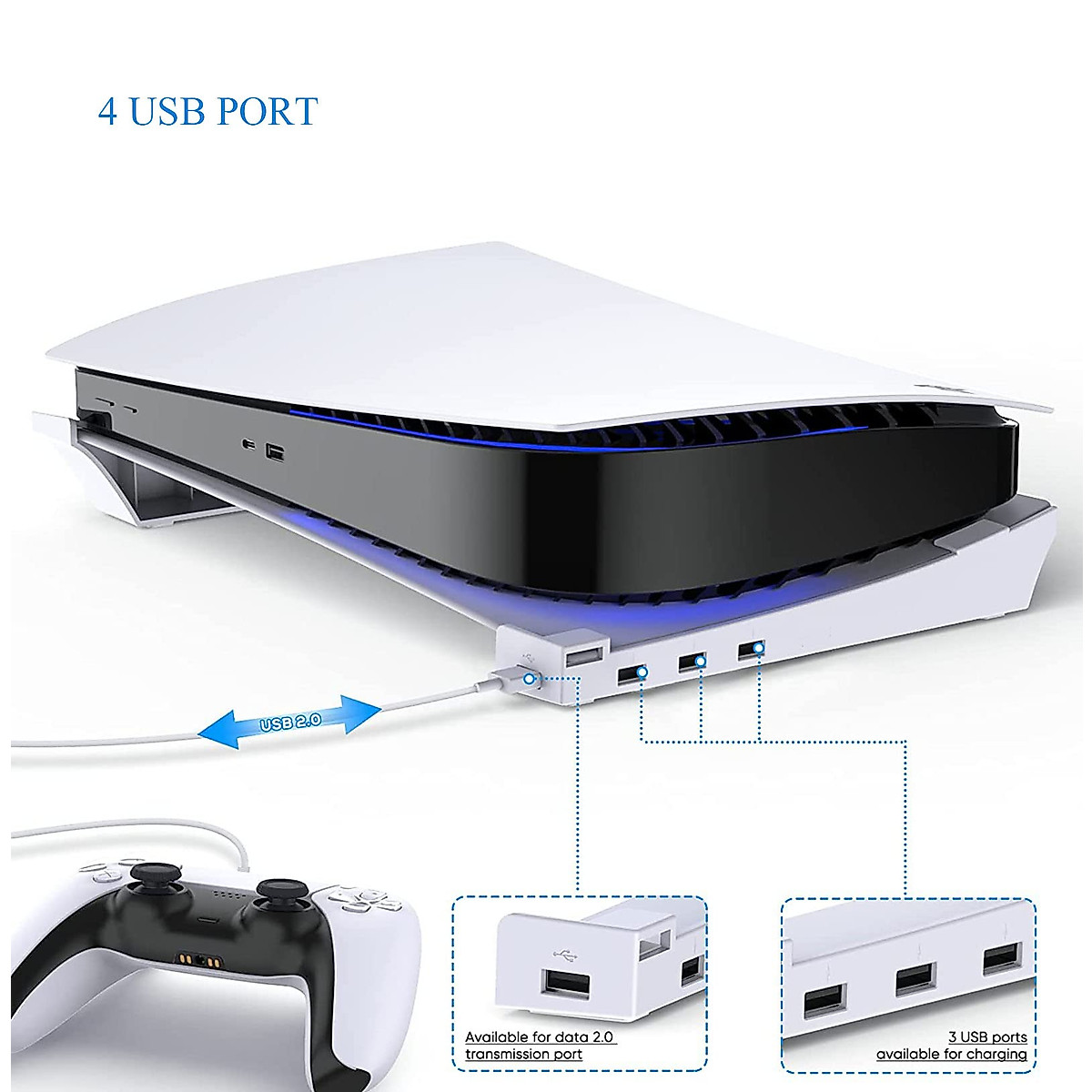 Beeka PS5 Horizontal Stand with Cooling Fan, Playstation 5 Accessories, Built in LED Light, Auto On Off, Extra USB Port, Compatible with White