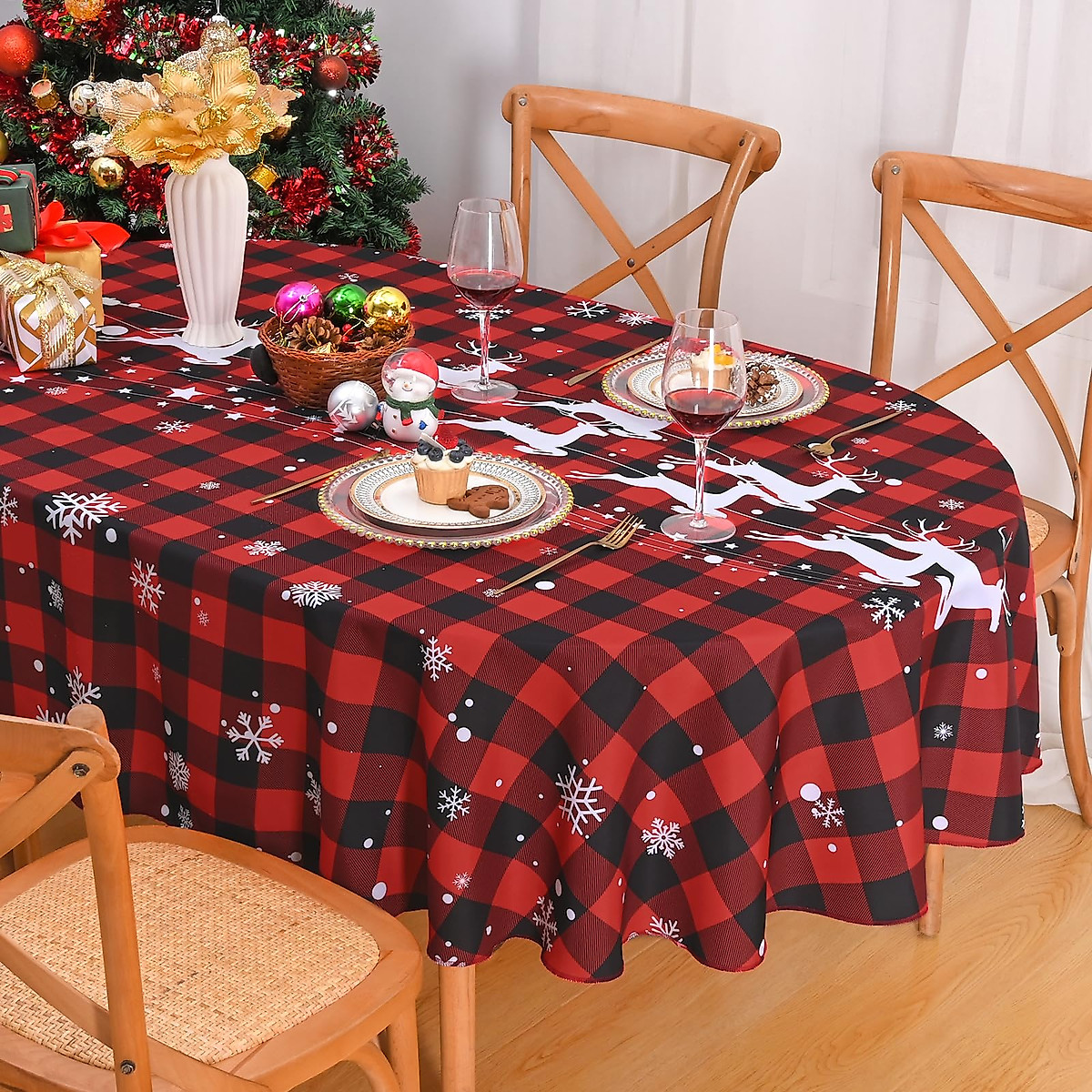 Alishomtll Christmas Tablecloth Oval 60x84 Inch, Red and Black Checkered Table Cloth Oval Tables for Christmas Decor, Snowflake Waterproof Table Decorations