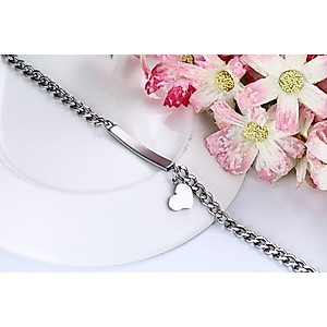 VNOX Custom Engraved Personalized ID Tag Stainless Steel Bar Bracelet with Heart Charm for Women,8.0"