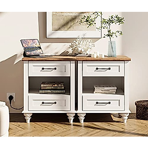 WAMPAT End Tables Storage Cabinet with Charging Station, Mid-Century Set of 2 Nightstands with 4 Drawers & Open Shelf, Farmhouse Wood Side Table for Bedroom & Living Room, Off White