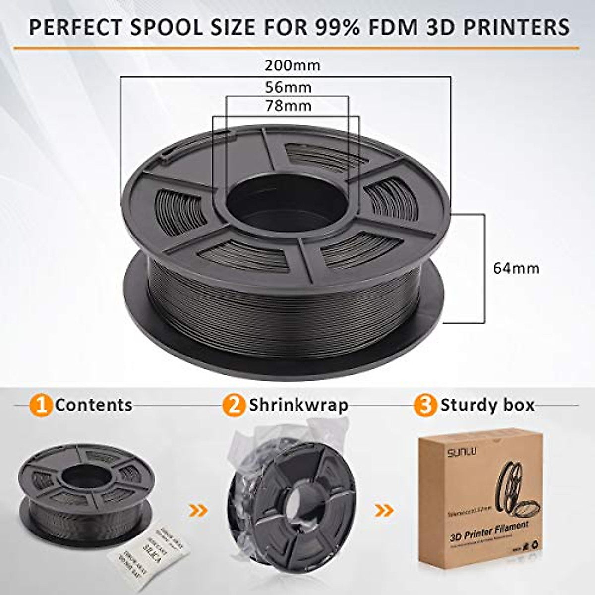 SUNLU ABS Filament 1.75mm, Highly Resistant Durable 3D Printer Filament, Dimensional Accuracy +/- 0.02mm, 1kg Spool(2.2lbs), 395 Meters, Strong ABS Consumables, Black
