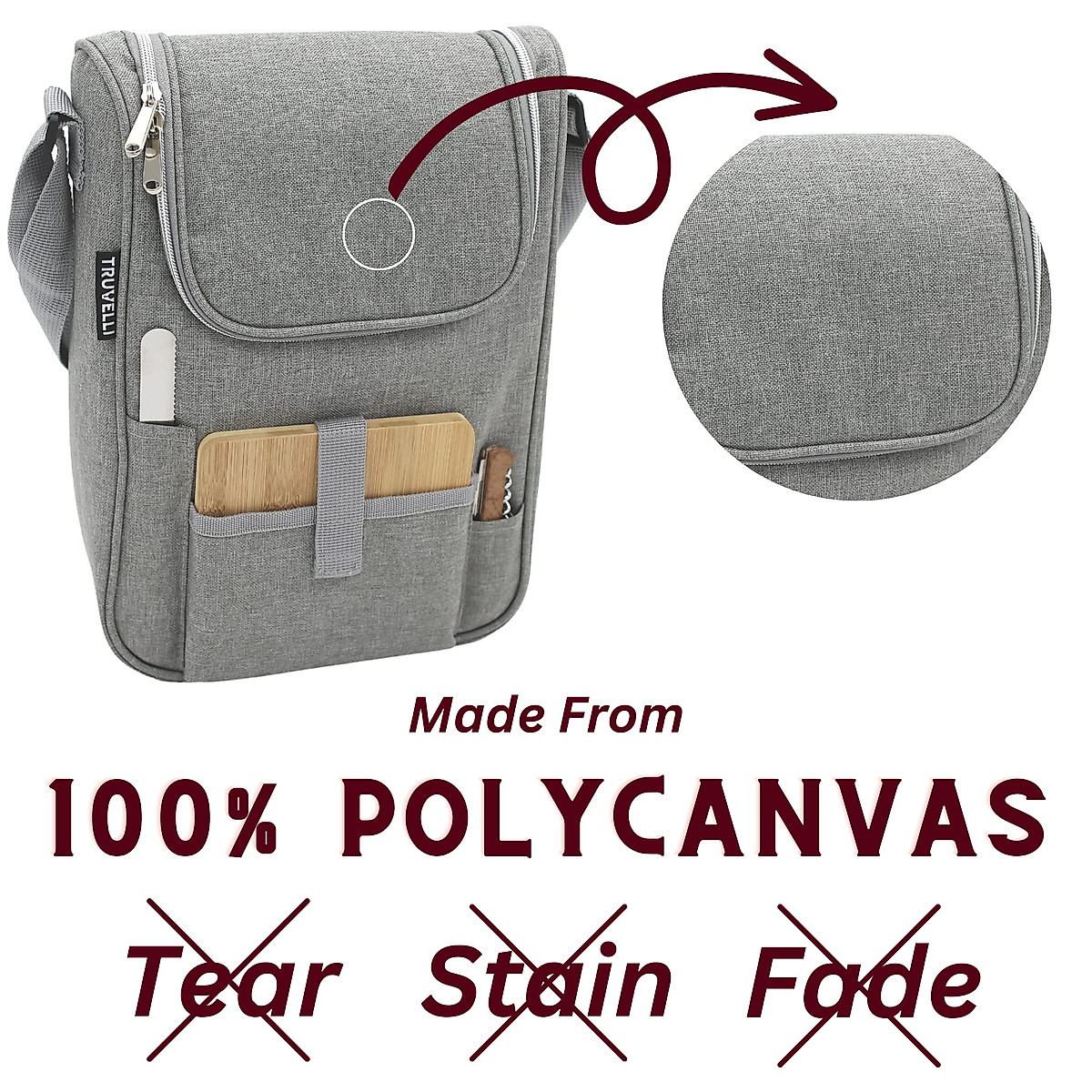 Truvelli Insulated Wine Tote Bag: Portable 2 Bottle Cheese Waterproof Black Canvas Carrier Picnic Kit - Stopper Attachment, Plus Wooden Charcuterie Board