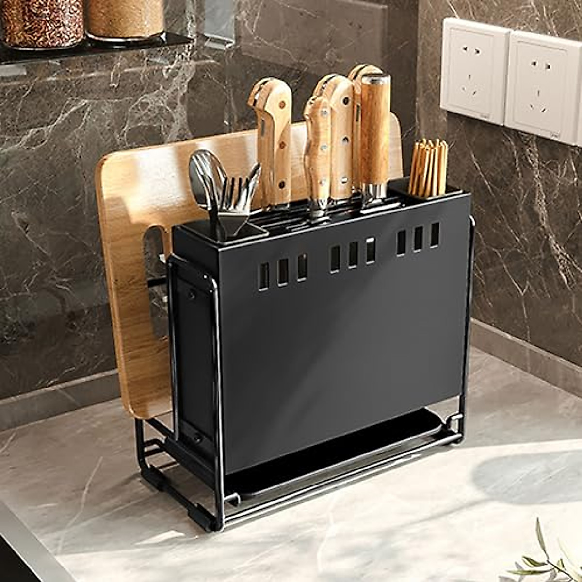 ZHENZQ Integrated Kitchen Utensils Holder No Drilling Hanging Knives and Chopsticks Storage Rack Modern Iron Storage Solution