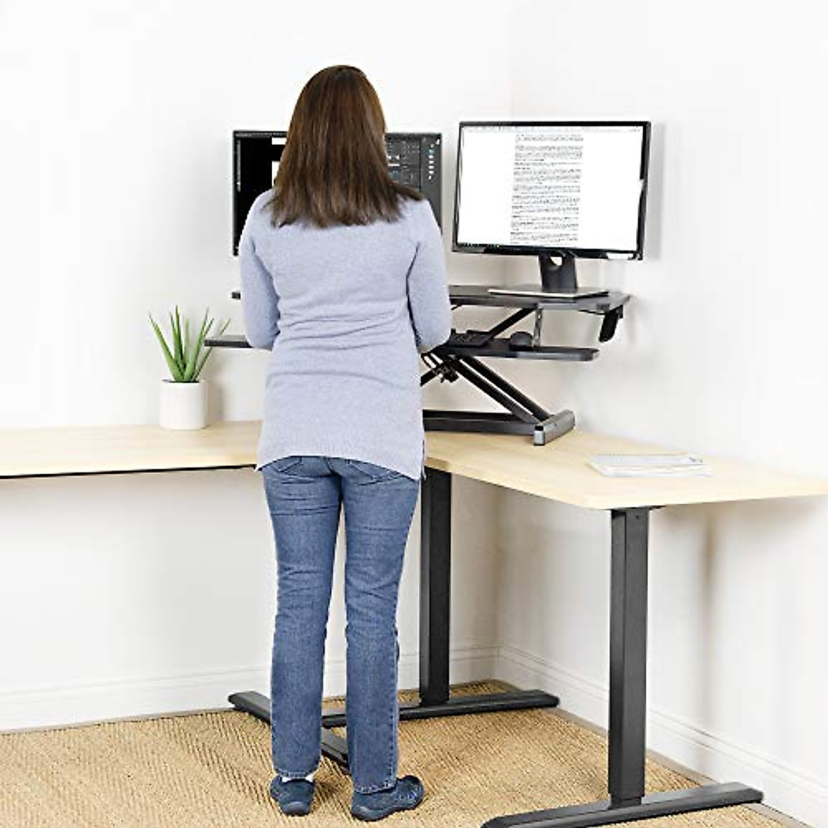 VIVO Corner Height Adjustable 37 inch Standing Desk Converter, Quick Sit to Stand Tabletop Dual Monitor Riser Workstation, DESK-V037MC