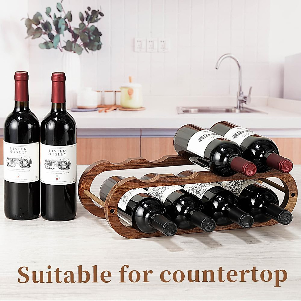 Navtcow Wine Rack and Water Bottle Organizer 2 in 1 for Cabinet and Countertop - Adjustable in 2 Sizes (Acacia Wood 2 Tier)