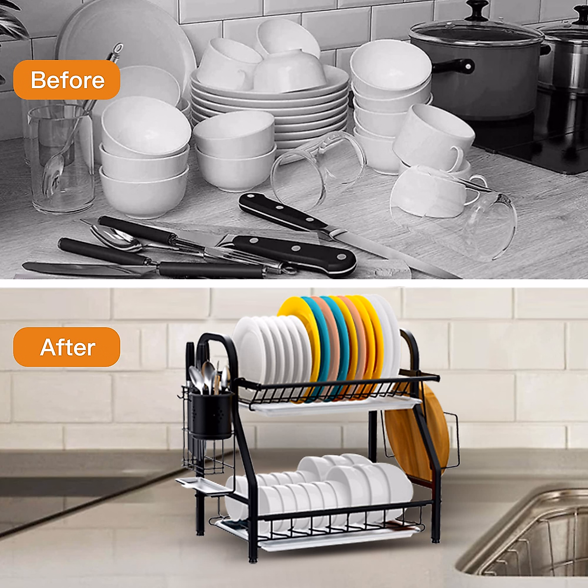 MERRYBOX Dish Drying Rack, 2 Tier Stainless Steel Plate Dish Rack Drainboard Set with 3 Trays, Utensil Holder, Cutting Board Holder, Anti-Rust Dish Drainer for Kitchen Counter Space Saving