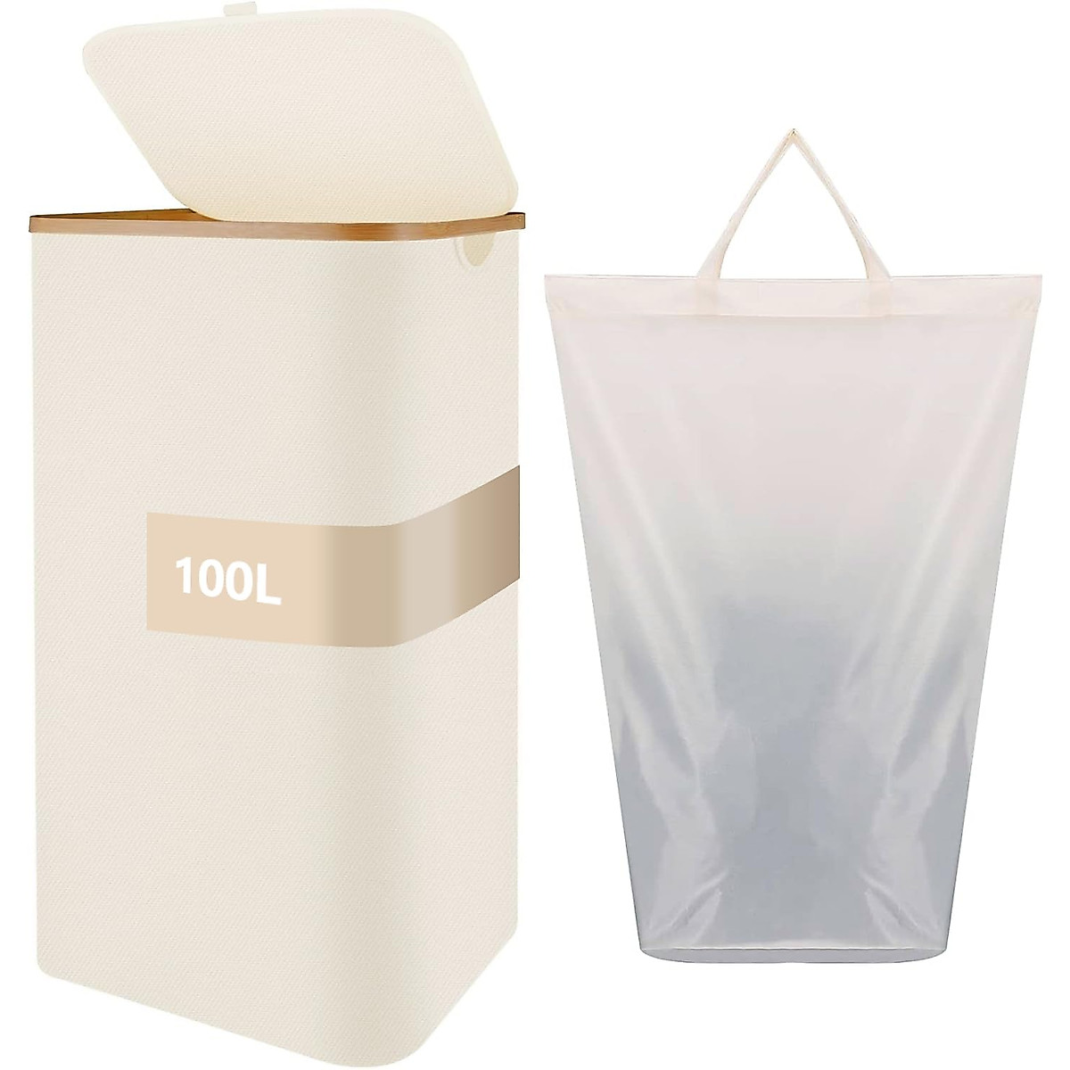 Laundry Basket with Lid - Laundry Hamper with Lid and Removable Bag, 100L Large Foldable Laundry Basket Dirty Clothes Hamper with Handles, Waterproof Oxford Bamboo Hamper for Bedroom, Laundry Room
