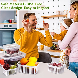 Rtteri 8 Pack Fruit Storage Containers for Fridge Produce Saver Containers for Refrigerator with Drain Colander Plastic Produce Keepers Refrigerator Organizer for Vegetable Berry Salad Lettuce (White)