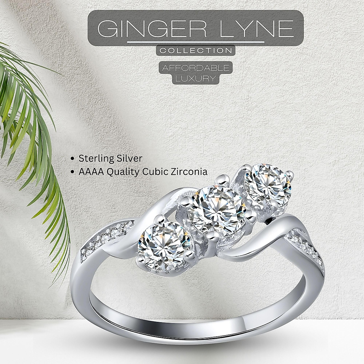 Lydia 3 Stone Engagement Rings for Women by Ginger Lyne | Cubic Zirconia Faux Diamond Promise Ring for Her | 925 Sterling Silver Wedding Rings for Women