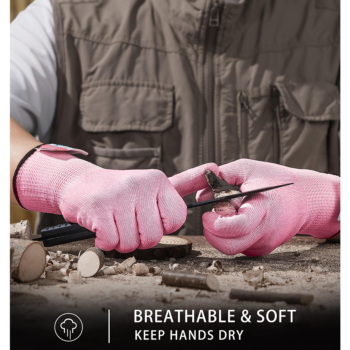 JDL Large Pink Cut Resistant Gloves with Touch Screen, Food Grade, ANSI A5, 3D Stretch Fit, Firm Grip, Suitable for Oyster Shucking, Meat Slicing, Kitchen Protection