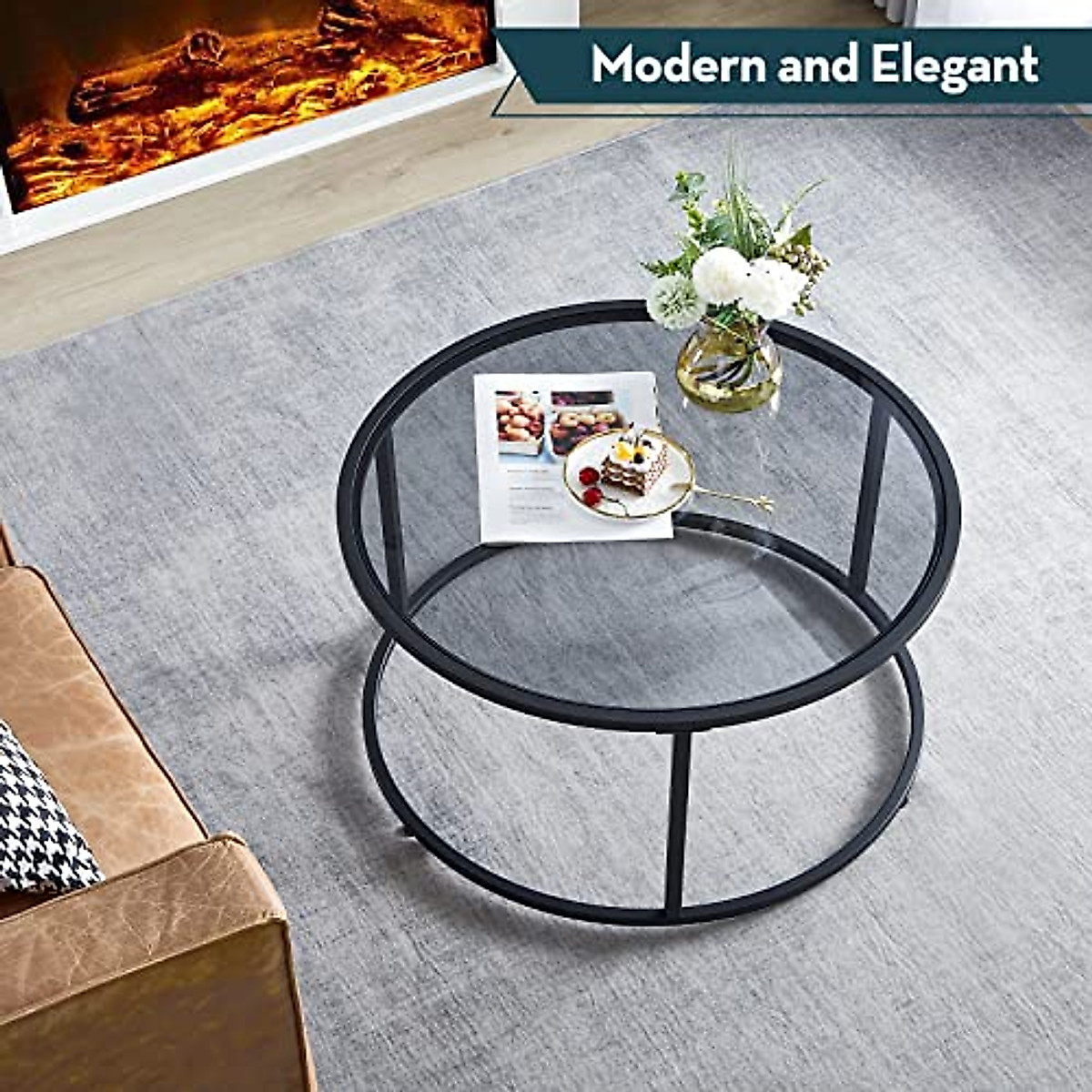 SAYGOER Round Coffee Table Glass Coffee Tables for Small Space Simple Modern Center Table for Living Room Home Office, Sofa Side Table with Metal Steel Frame, Easy Assembly, Gray Black