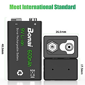 BONAI Rechargeable 9V Batteries 600mAh High Capacity 9V Rechargeable Batteries,(4 Pack) 9 Volt Lithium Batteries for Smoke Alarms Metal Detector etc - Long-Lasting & Economical