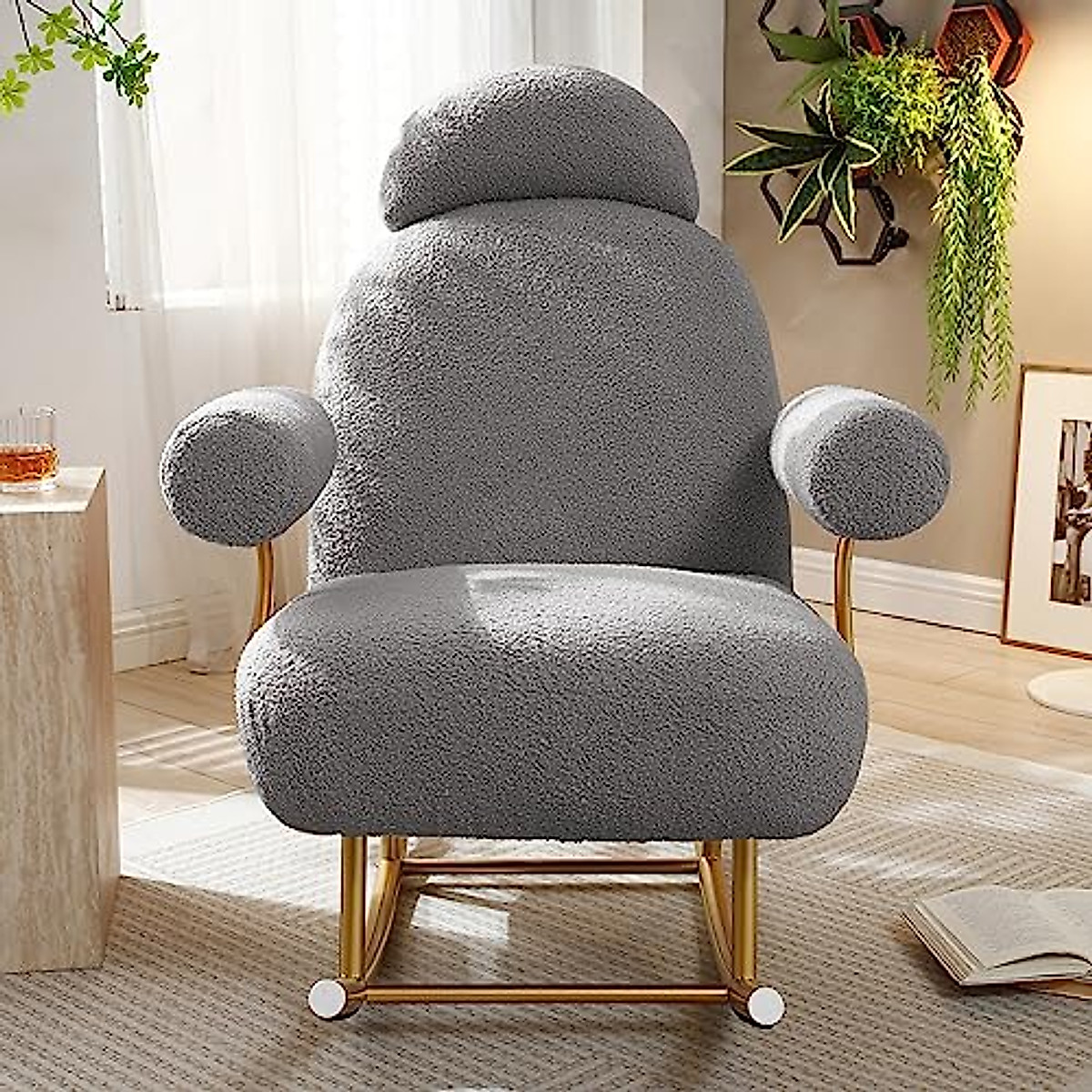 Holaki Nursery Rocking Chair,Modern Sherpa Fabric Accent Upholstered Rocker Glider Chair for Baby and Kids,Comfy Armchair with Gold Metal Frame,Leisure Sofa Chair for Nursery/Bedroom/Living Room(Grey)
