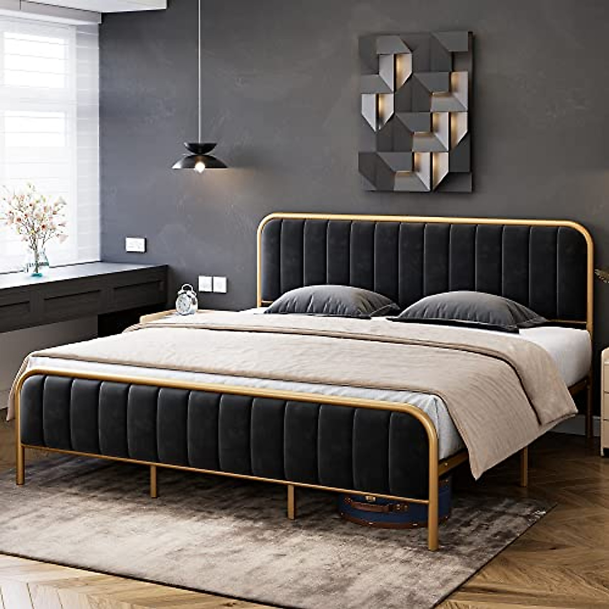 Senfot King Size Bed Frame with Gold Metal Frame, Modern Platform Bed, Noise Free Design, Wood Slats Support, No Box Spring Needed, Easy Assembly in Black